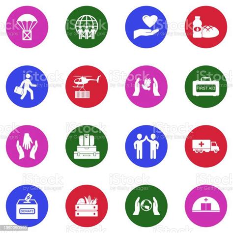 인도주의 원조 아이콘 원형의 화이트 플랫 디자인 벡터 일러스트레이션 난민에 대한 스톡 벡터 아트 및 기타 이미지 난민 Charity Benefit 공동체 Istock