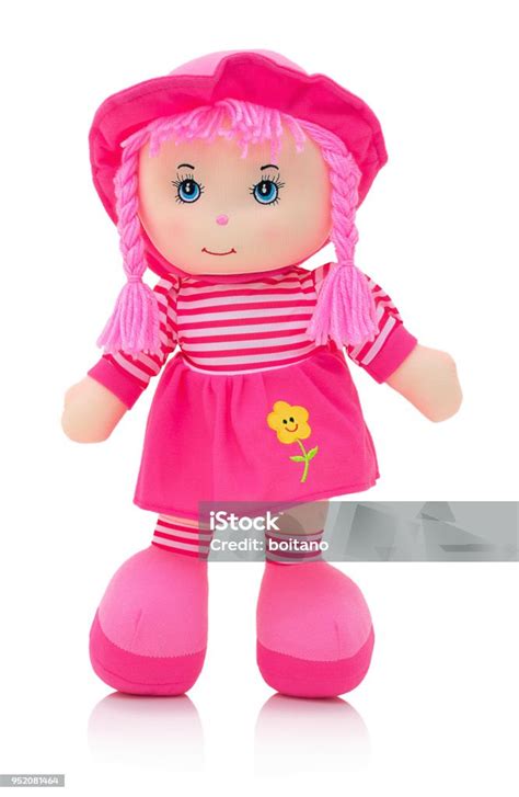 핑 키 Plushie 인형 그림자 반사와 흰색 배경에 고립 귀여운 걸 레 아기 인형 그림자 반사와 흰색 배경에 고립 흰색 배경에서 핑 키 인형입니다 핑크 머리 좋은 현대