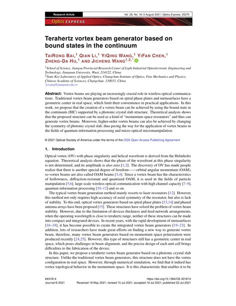 Pdf Terahertz Vortex Beam Generator Based On Bound States In The Continuum
