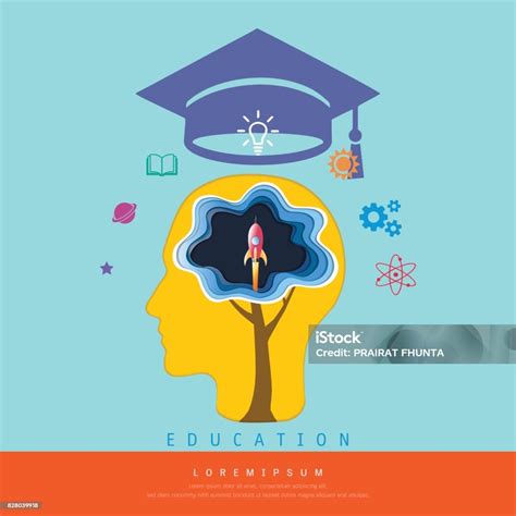 교육 및 학습 개념 발사 공간을 생각 하는 뇌와 머리 비행 로켓 그의 머리 위에 졸업 모자와 지식 아이콘 이다 학생에 대한 스톡