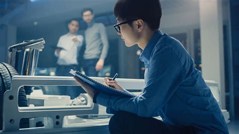 하이브리드 전기 자동차 섀시 플랫폼 옆에 앉아 자동차 디자이너 노트북에 추정과 스케치를 씁니다 서스펜션 휠 엔진 및 배터리가 있는 차량 프레임이 있는 시설 3차원 형태에