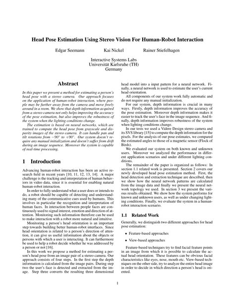 Pdf Head Pose Estimation Using Stereo Vision For Human Robot Interaction