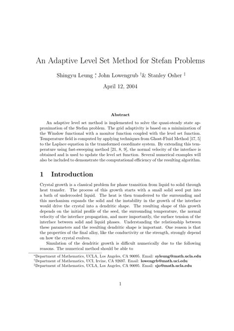Pdf An Adaptive Level Set Method For Stefan Problems