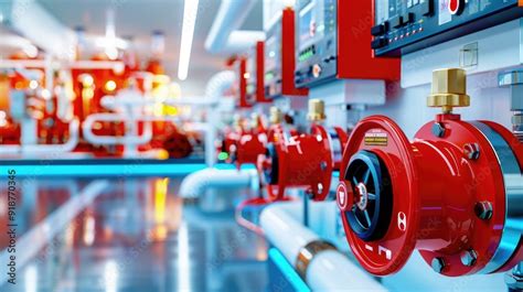 Modern Industrial Fire Suppression System With Red Control Valves And Pipes In A Brightly Lit