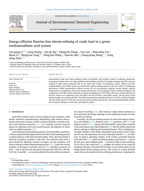 Pdf Energy Efficient Fluorine Free Electro Refining Of Crude Lead In