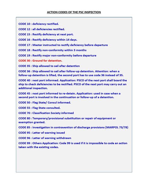 Action Codes Of The Psc Inspection Pdf