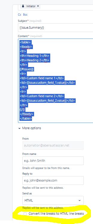 how do i render a table when sending email in jira