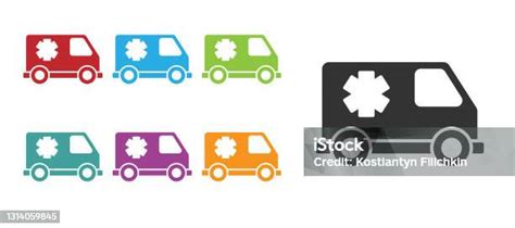 흰색 배경에 고립 된 검은 구급차와 응급 자동차 아이콘 구급차 차량 의료 대피 다채로운 아이콘을 설정합니다 벡터 1위에 대한