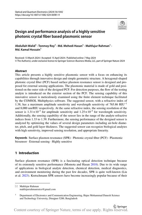 Design And Performance Analysis Of A Highly Sensitive Photonic Crystal Fiber Based Plasmonic