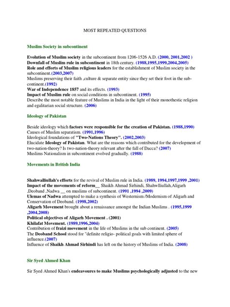 Most Repeated Questions Pdf Pakistan Muhammad Ali Jinnah