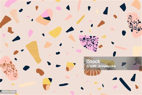 재미 추상적 인 모양 모자이크 다채로운 대리석 테라초 패턴 핑크 파스텔 색상의 현대 쾌활한 축하 배경 생일 초대 색종이 텍스처 배경 벡터 일러스트레이션