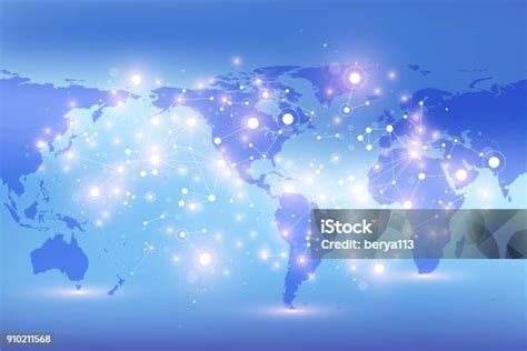 글로벌 기술 네트워킹 개념 정치 세계 지도입니다 디지털 데이터 시각화입니다 라인 총입니다 큰 데이터 배경 통신 합니다 과학적인