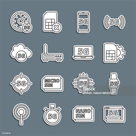 라인 5g 네트워크 스마트 워치 심 카드 설정 모바일 라우터 및 와이파이 신호 클라우드 디지털 속도 미터 및 노트북 아이콘을 설정합니다 벡터 0명에 대한 스톡 벡터 아트 및