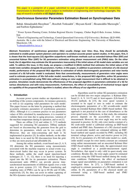 Pdf Sg Parameters Estimation Based On Synchrophasor Data