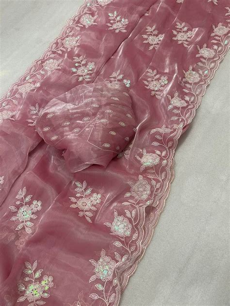Designer Jimmy Choo Sequence Thread With Embroidery Work Saree With Unstitched Blouse Pink