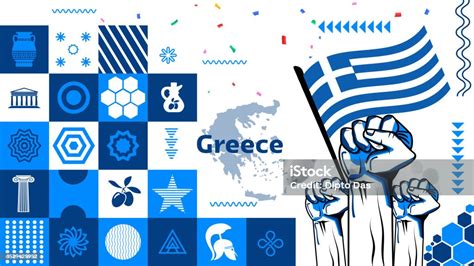 그리스 독립 기념일 배너는 그리스 국기 색상 테마 배경과 기하학적 추상 복고풍 현대적인 디자인입니다 그리스의 여러 풍경 독립 기념일 축하 0명에 대한 스톡 벡터 아트 및