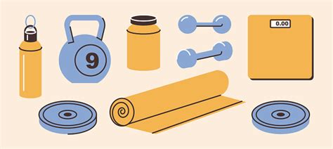 스포츠 장비 훈련 및 운동 무게 저울 요가 매트 및 셰이커 물병 및 케틀벨 덤벨의 벡터 절연 세트 보디 빌딩 루틴 및 운동 연습 가방에 대한 스톡 벡터 아트 및 기타 이미지