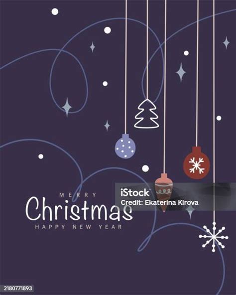 메리 크리스마스와 새해 복 많이 받으세요 어두운 배경에 다채로운 장난감이 있는 카드 평면 스타일의 벡터 그림입니다 0명에 대한 스톡 벡터 아트 및 기타 이미지 Istock