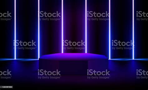 보라색 네온 조명과 원형 연단으로 조명 된 인테리어 3d 벡터 일러스트 레이 션 0명에 대한 스톡 벡터 아트 및 기타 이미지