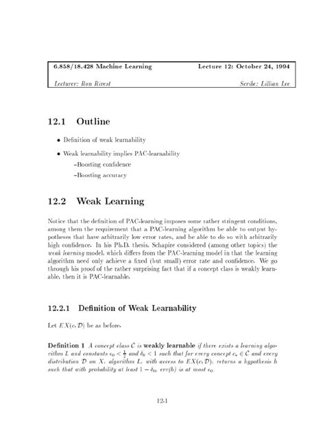 6 858 18 428 Machine Learning Lecture 12 October 24 1994 12 2 1 Denition Of Weak Learnability