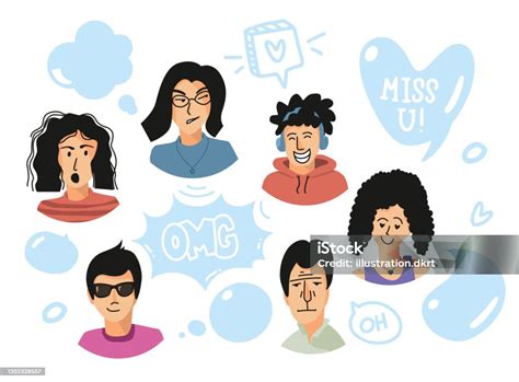 플랫 아바타와 음성 거품 사람들은 감정적 인 얼굴과 연설 풍선 말하는 남자와 여자 다른 사회 단체의 사람들 간의 대화 벡터