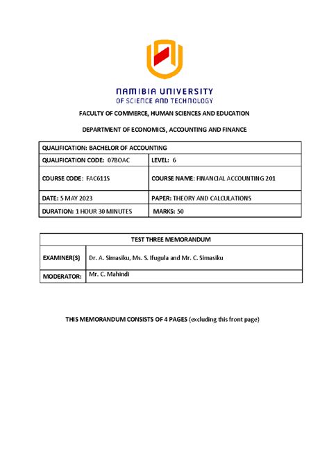 FAC S Test Memo FACULTY OF COMMERCE HUMAN SCIENCES AND EDUCATION DEPARTMENT OF