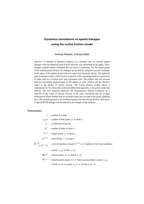 Pdf Dynamics Simulations Of Spatial Linkages Using The Lugre Friction Model