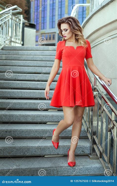 Beautiful Woman In A Red Dress Stock Image Image Of Cute Fluttering