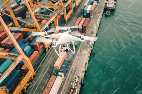 Shipping Container Inspection By Drone Drone Hovering Over Shipping Containers At A Port