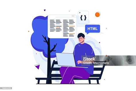웹 배너 디자인을위한 현대적인 평면 개념을 작업 프리랜서 남성 개발자 프로그램은 공원에서 벤치에 앉아있는 동안 노트북에 코드와