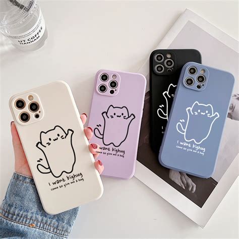 아이폰 15 입고 빅허그 고양이 아이폰 사각 실리콘 젤리 스퀘어 컬러 케이스 핸드폰 휴대폰 아이폰 14 13 12 11 프로 미니 Xr Xs 맥스 Se3 7 8 플러스