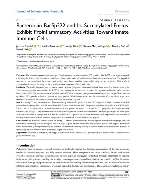 Pdf Bacteriocin Bacsp222 And Its Succinylated Forms Exhibit Proinflammatory Activities Toward