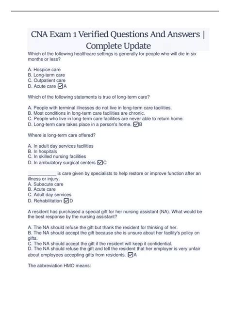 Cna Exam 1 Verified Questions And Answers Complete Update Cna
