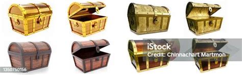 금과 나무로 만든 보물 상자 세트 나무와 금속으로 만든 골동품 가슴 그린 금 골동품 자물쇠는 보물 상자를 잠급합니다 흰색 배경에