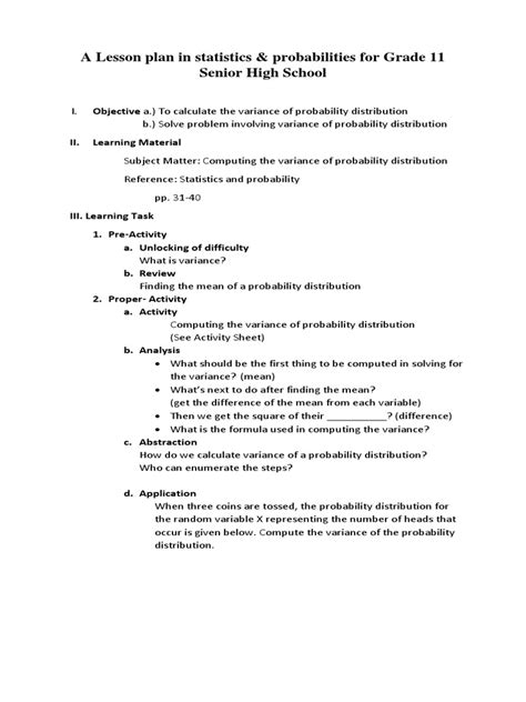 A Lesson Plan In Statistics Pdf Variance Mean