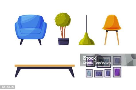안락의자 테이블 램프 냄비가 있는 현대적인 객실 인테리어 아이템 장식 식물 벡터 세트 거실에 대한 스톡 벡터 아트 및 기타