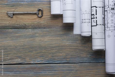 Architect Worplace Top View Architectural Project Blueprints Blueprint Rolls And Key On