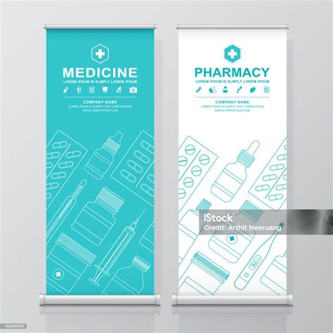건강 관리 및 의료 병 세트 의약품 롤업 디자인 약국 스탠드 및 배너 템플릿 장식 전시회 인쇄 프리젠 테이션 및 브로셔 전단지 개념 벡터 일러스트 레이 션 간호사에 대한
