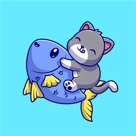 تصویر وکتور کارتونی گربه سوار ماهی ناز مفهوم نماد طبیعت حیوانی جدا شده