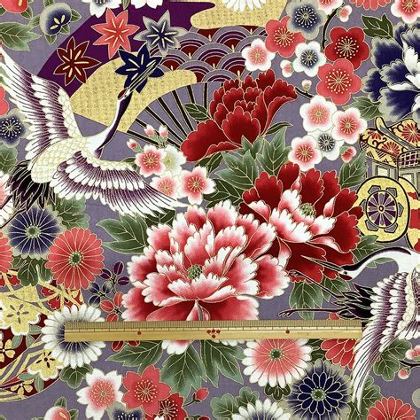 【楽天市場】【マラソン期間p5倍】 【sale】 生地【 和柄プリント 鶴 パープル 】 鶴 菊 牡丹 御所車 扇 浴衣生地 和風生地 112cm巾 綿100％ 和装 着物 浴衣 巾着 バッグ