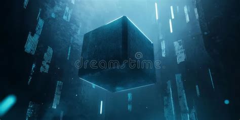 a futuristic 3d background featuring a levitating digital cube surrounded by floating data