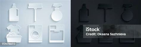 세탁기 비눗물이 있는 플라스틱 세면대 스퀴지 스크레이퍼 와이퍼 및 액체 식기 세척액 아이콘용 병을 설정합니다 벡터 3차원 형태에 대한 스톡 벡터 아트 및 기타 이미지