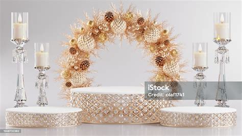 3d 렌더링 일러스트레이션 연단 겨울 크리스마스 축제 크리스마스 트리 산타 클로스 선물 상자 리본 공 눈 제품 판촉 판매 프리젠 테이션 받침대 배경색에 3d 렌더링