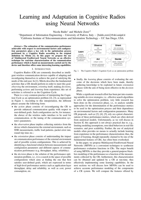 Pdf Learning And Adaptation In Cognitive Radios Using Neural Networks