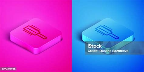 분홍색과 파란색 배경에 격리 된 등색 라인 헤어 브러시 아이콘 빗 머리 기호 이발사 기호 정사각형 버튼입니다 벡터 일러스트레이션 3차원 형태에 대한 스톡 벡터 아트 및 기타