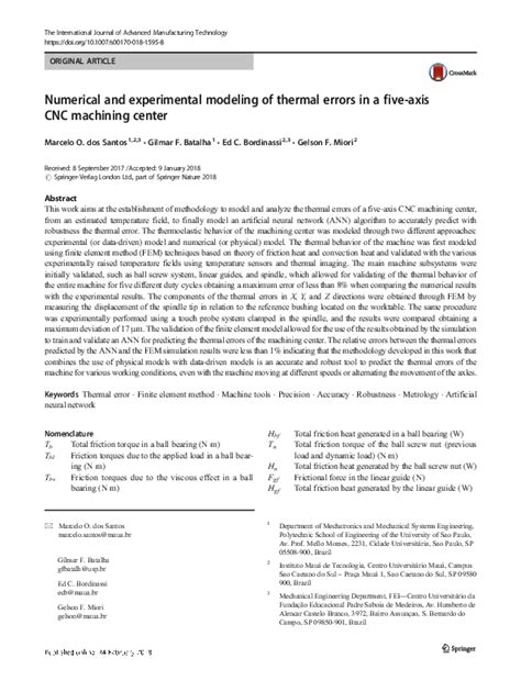 Pdf Numerical And Experimental Modeling Of Thermal Errors In A Five Axis Cnc Machining Center