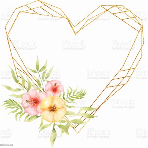 꽃이 있는 열대 수채화 황금 프레임 꽃 삽화가 있는 마음 이국적인 잎 화환 클립 아트와 꽃의 꽃다발 파티 또는 휴일 초대를위한 구성 하와이 제도에 대한 스톡 벡터 아트 및
