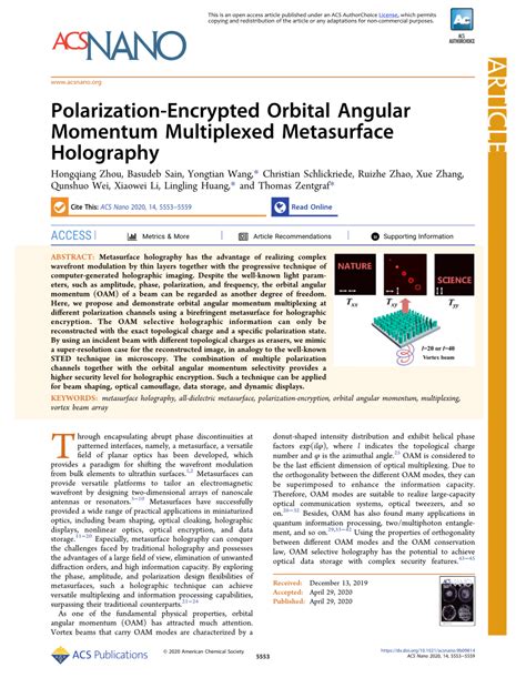Pdf Polarization Encrypted Orbital Angular Momentum Multiplexed Metasurface Holography