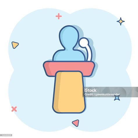 코믹 스타일의 공개 연설 아이콘 흰색 고립 된 배경에 연단 컨퍼런스 벡터 만화 그림 트리뷴 토론 비즈니스 개념 시작 효과 0명에 대한 스톡 벡터 아트 및 기타 이미지