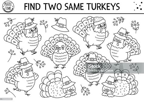 두 개의 칠면조를 찾습니다 어린이를위한 추수 감사절 흑백 일치 활동 관심 기술에 대한 아이들을위한 재미있는 가을 라인 퀴즈 워크